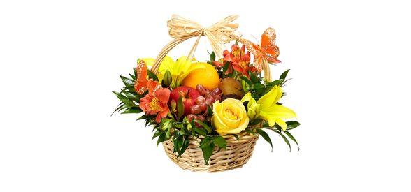 Basket Arrangement of Fresh Flowers & Fruits - Ferns N Petals Hampers ...